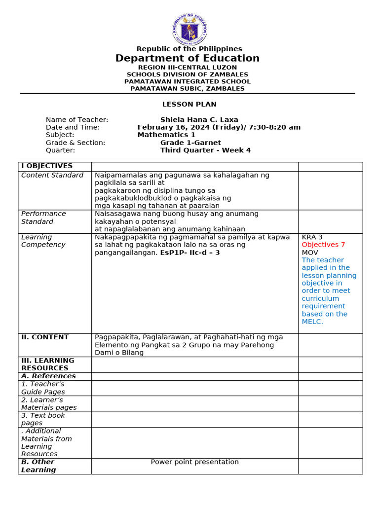 Cot 3 Grade 1 Pdf Learning Teachers