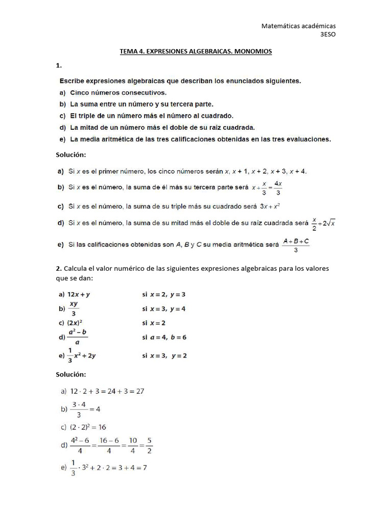Calculo de Valores Numericos de Expresiones Algebraicas | PDF