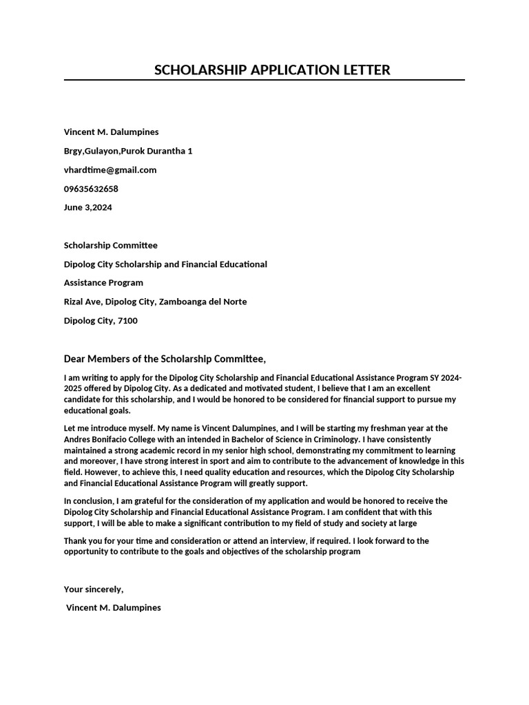 Scholarship Application Letter | PDF | Social Science