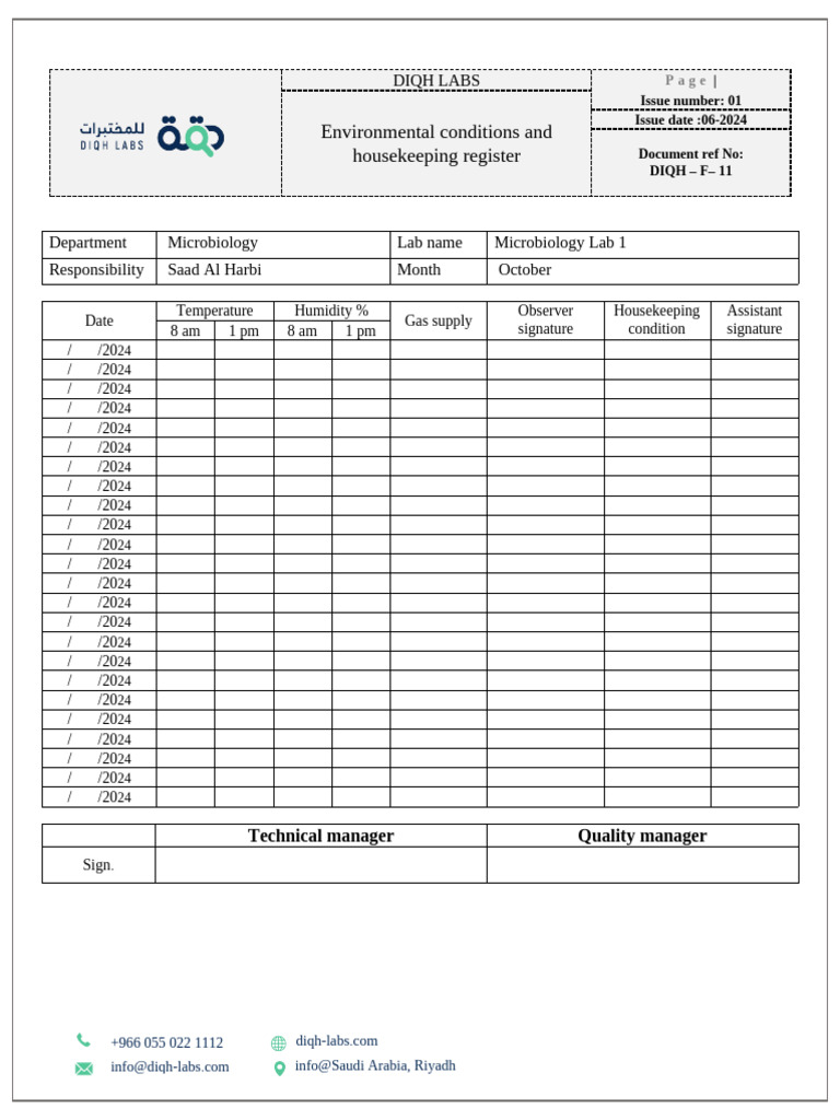 Environmental Conditions and Housekeeping Register ML1 | PDF ...