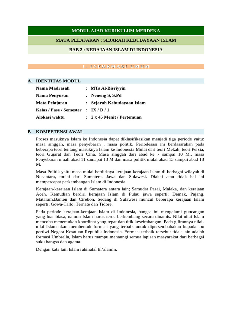 Modul Ajar SKI Kelas 9 | PDF