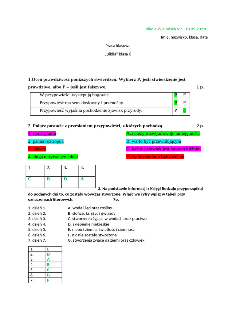Praca Klasowa Klasa 6 Biblia | PDF