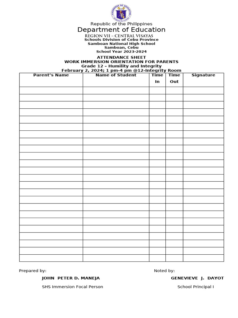 Attendance Immersion Orientation | PDF