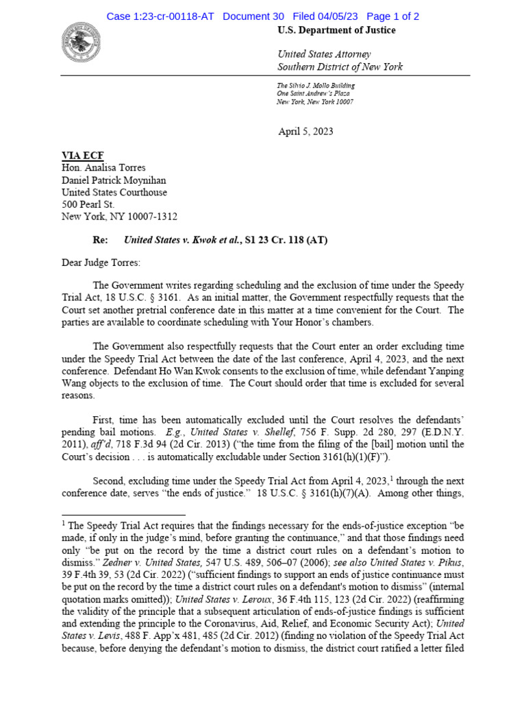 Case 23 - CR - 00118 Doc 0030 | PDF | Continuance | Speedy Trial Act