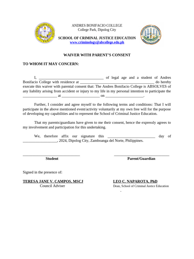 Waiver Parent Consent | PDF | Wellness