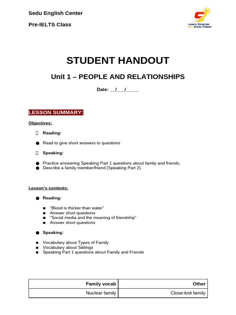 Unit 1 PEOPLE AND RELATIONSHIPS - Student Handout | PDF | Sugar | Diet ...