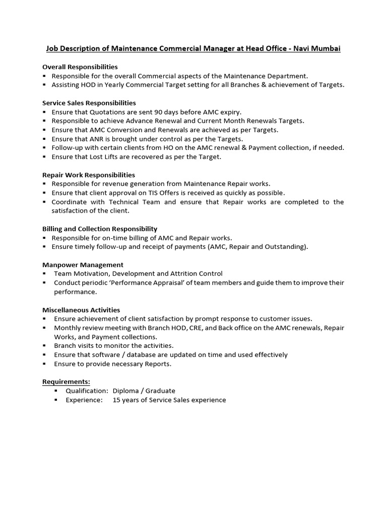JD of Commercial Manager Maintenance - HO - 1 | PDF | Career & Growth ...