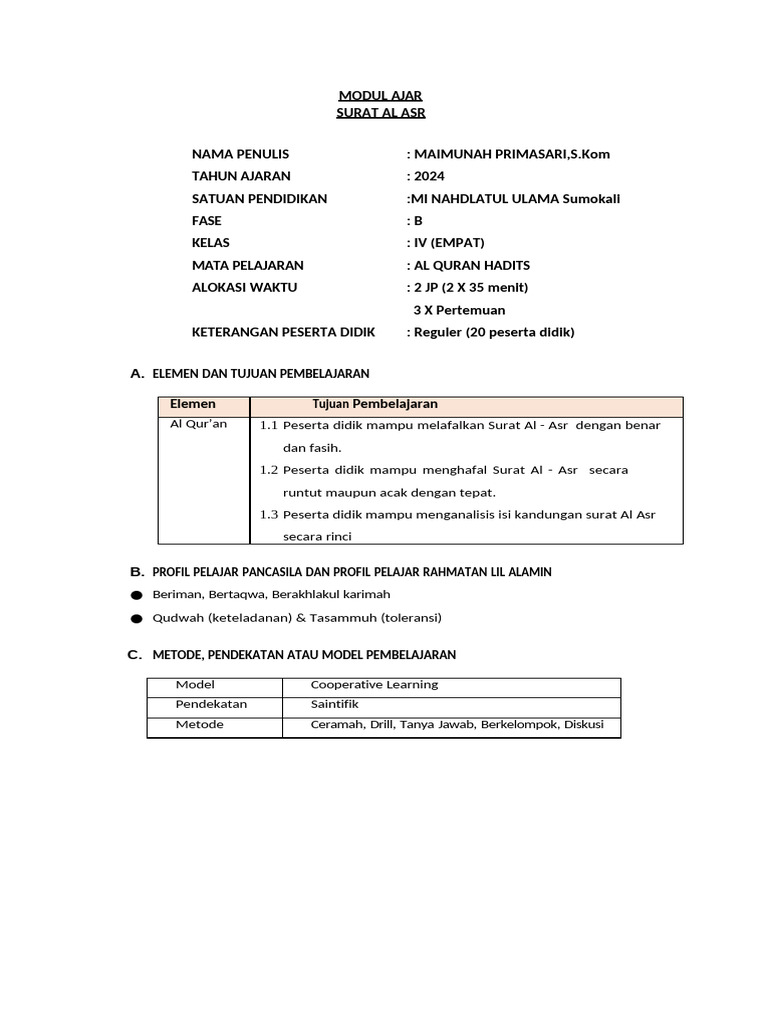 Modul Ajar QH Kls 4 | PDF | Kajian Bahasa Asing | Agama & Spiritualitas