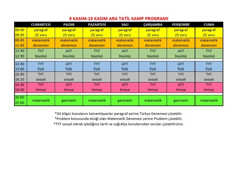 Kasim Ara Tati̇l Kamp Programi | PDF