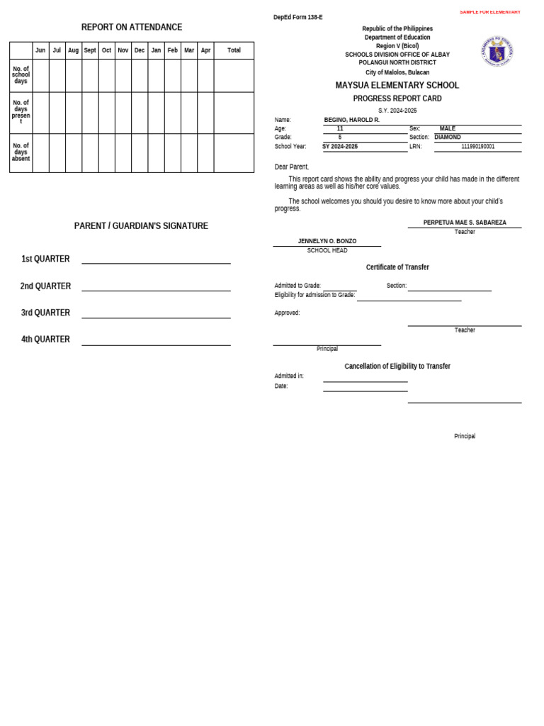 Deped Form 138 Elem | PDF