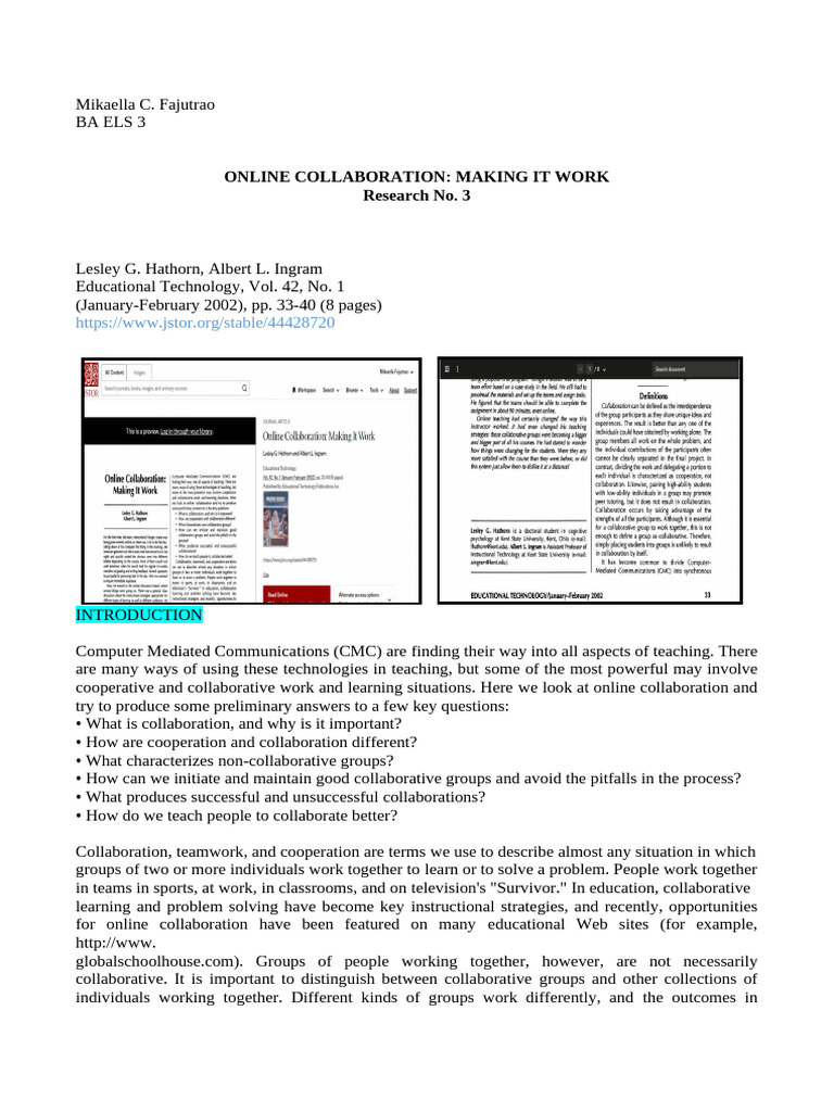 Research No 3 Online Collaboration In Cmc Pdf Communication Computer Mediated Communication