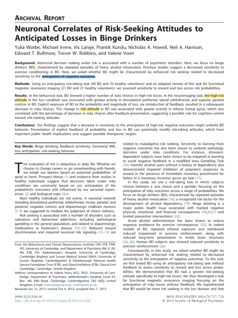 Neuronal Risk-Seeking in Binge Drinkers | PDF | Dorsolateral Prefrontal ...