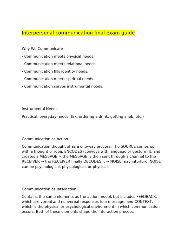 Interpersonal Communication Final Exam Guide | PDF | Communication ...