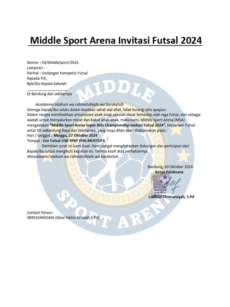 Surat Undangan Middle Sport Arena Putra Kelas 4,5,6 | PDF