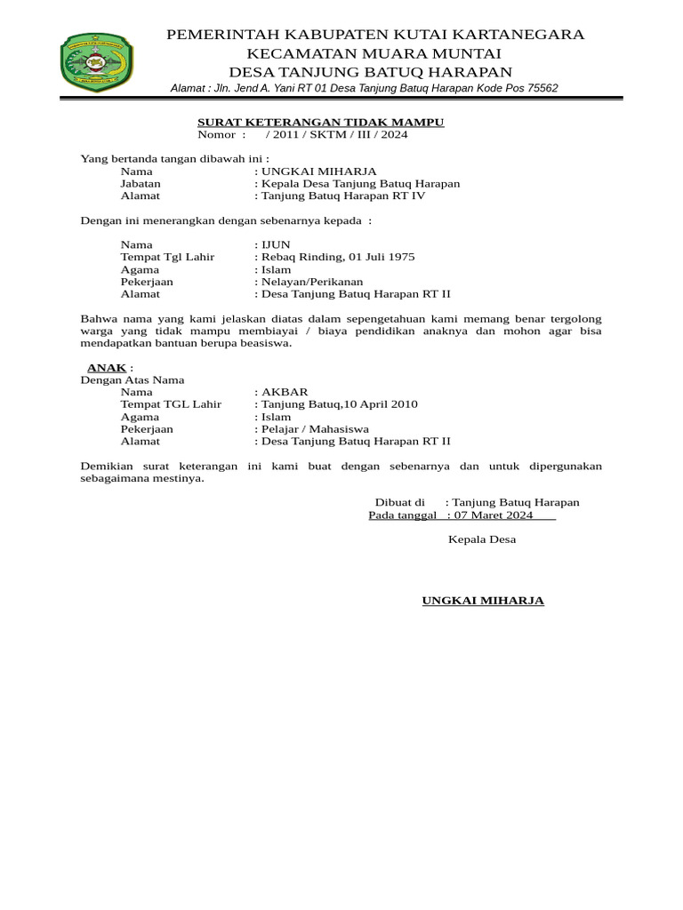 Surat Keterangan Beasiswa SKTM | PDF