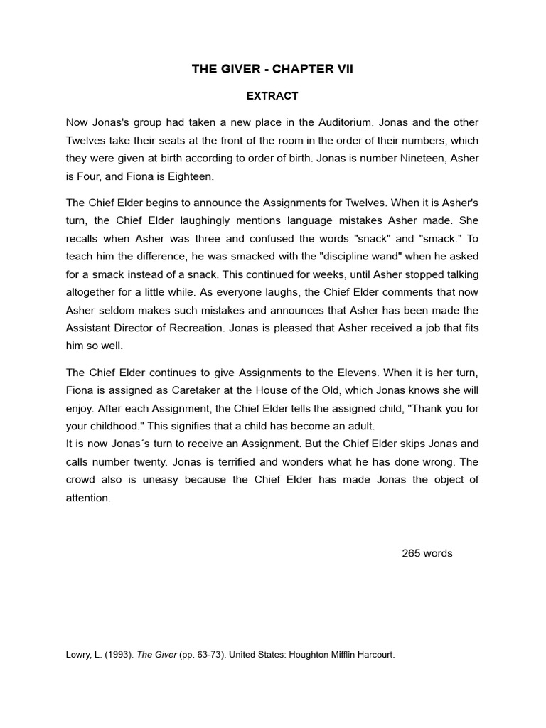 The Giver Chapter 7 Summary | PDF | Religion & Spirituality