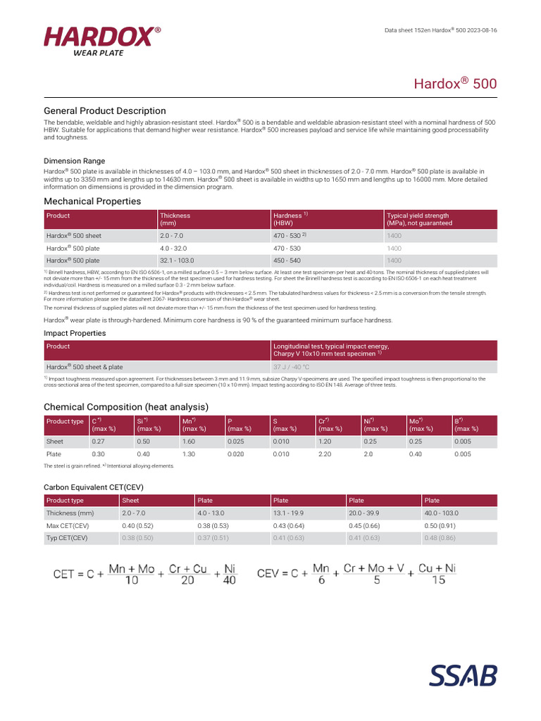 Data Sheet 152en Hardox® 500 2023-08-16 | PDF | Hardness | Welding