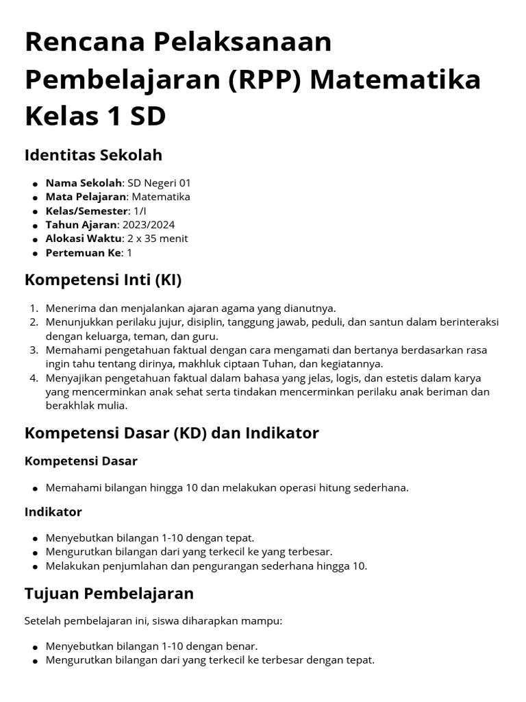 Rencana Pelaksanaan Pembelajaran (RPP) Matematika Kelas 1 SD | PDF