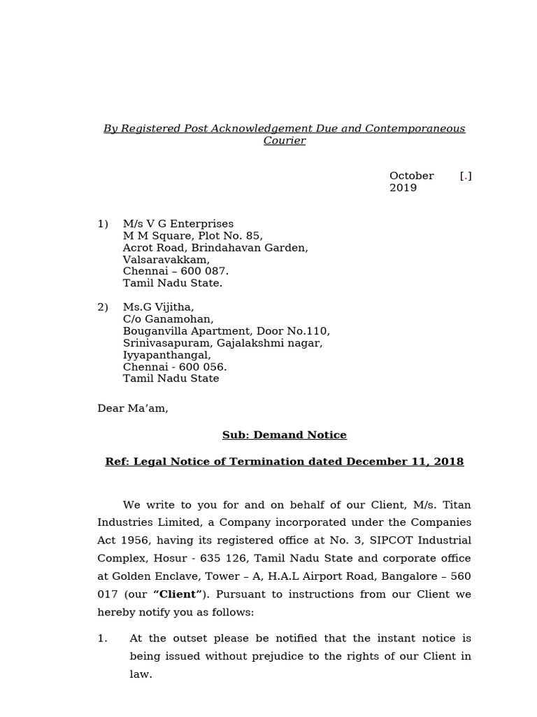 Demand Notice - Titan Industries v. V G Enterprises | PDF | Justice ...