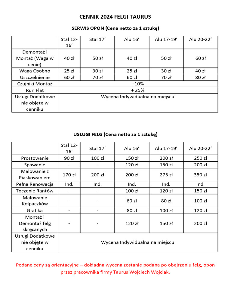 Cennik 2024 Felgi Taurus | PDF