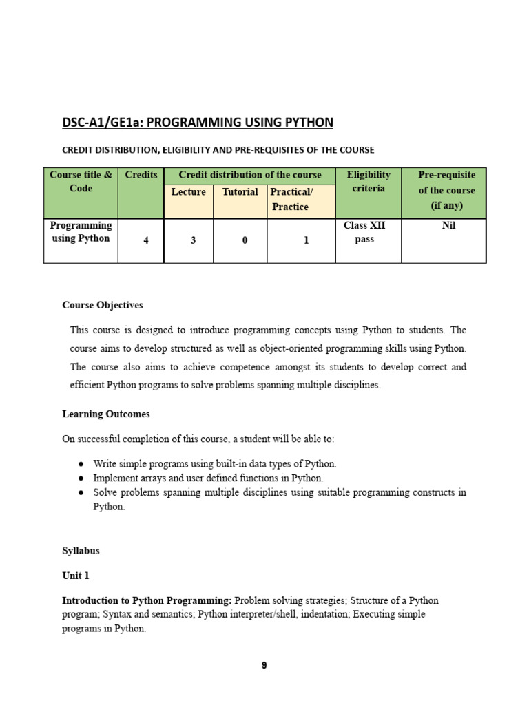 Programming Using Python Syllabus Dsc A1 Ge1a Pdf Python 1320