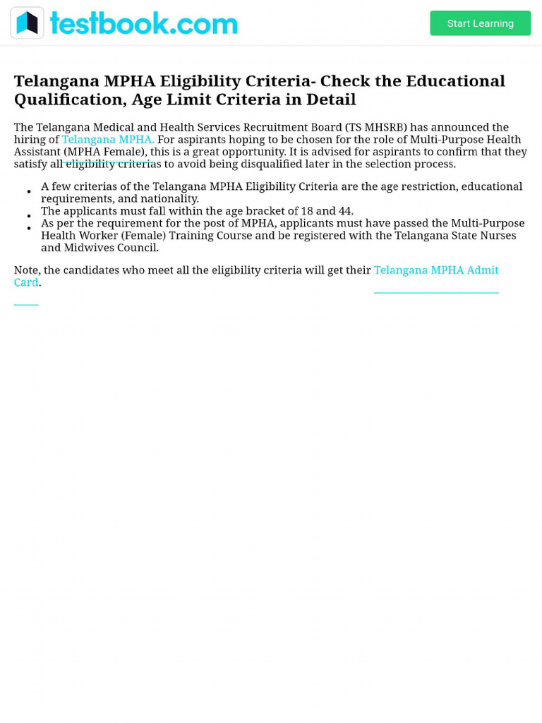 Telangana MPHA Eligibility Criteria - Check The Educational ...
