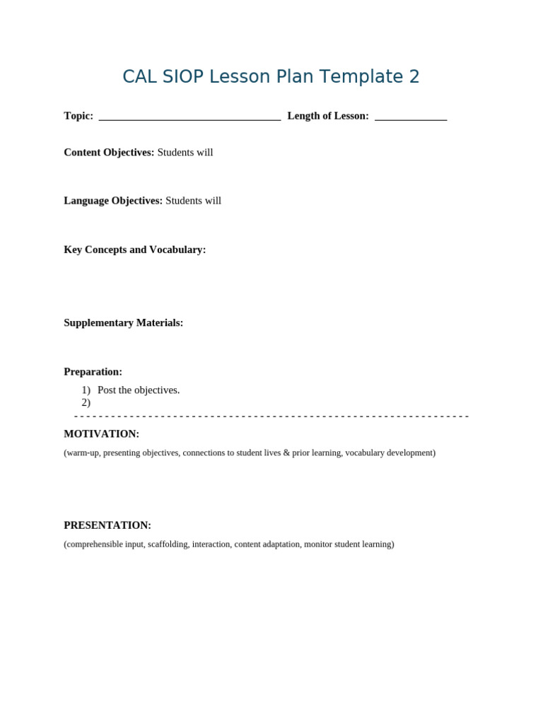 SIOP Lesson Plan Template 2 | PDF