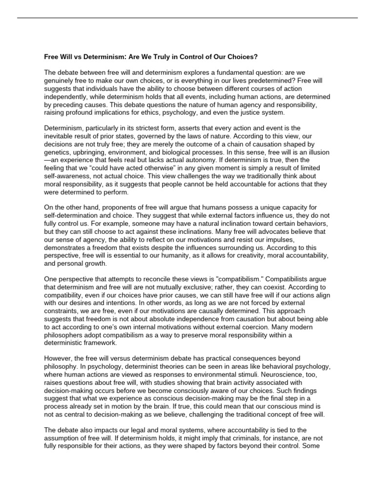 Free Will Vs Determinism Are We Truly in Control of Our Choices | PDF | Free Will | Determinism