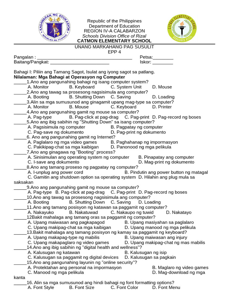 1ST QUARTER exam epp 4 alligned to tos | PDF