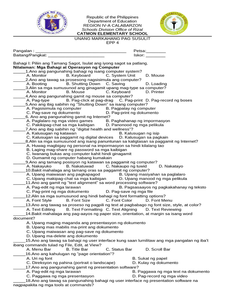 1ST QUARTER Exam Epp 4 | PDF