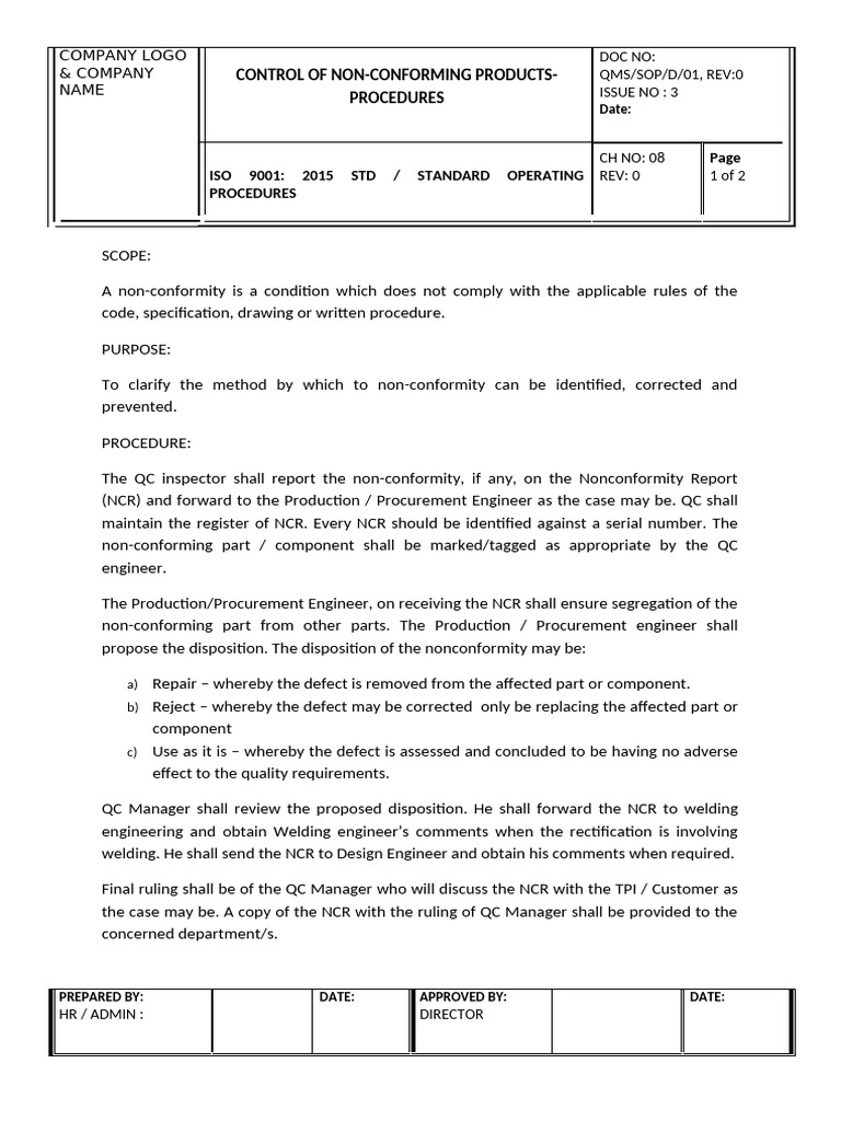 08 NCR, Control of NCR Procedures | PDF | Iso 9000