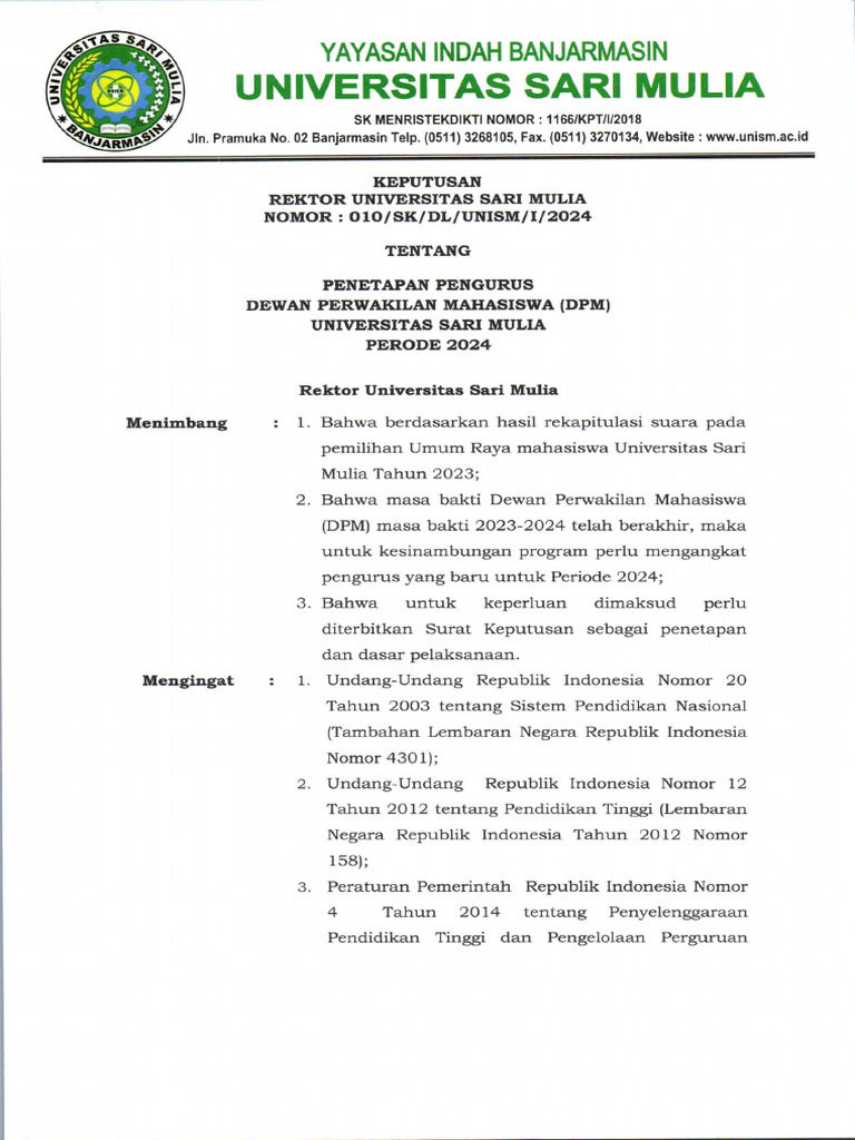 010.SK - DL.UNISM.I.2024 Penetapan Pengurus Dewan Perwakilan Mahasiswa ...