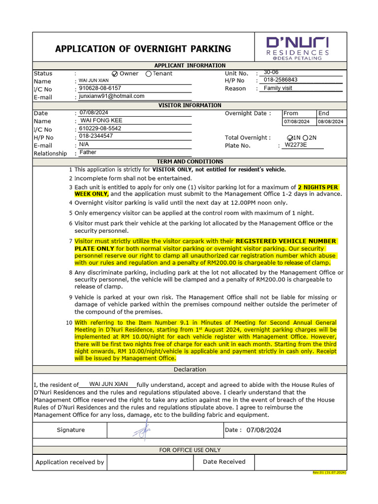 Overnight Parking Application Form | PDF