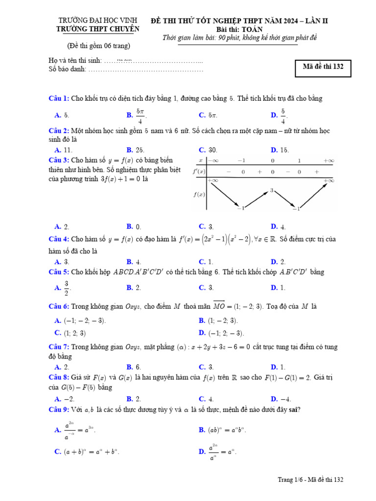 De Thi Thu Toan TN THPT 2024 Lan 2 Truong THPT Chuyen DH Vinh Nghe An | PDF