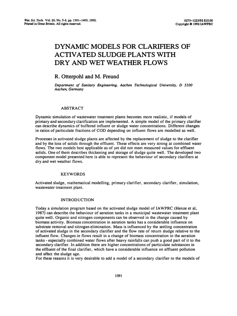 Dynamic Models For Clarifiers of Activated Sludge Plants With Dry and Wet Weather Flows | PDF ...