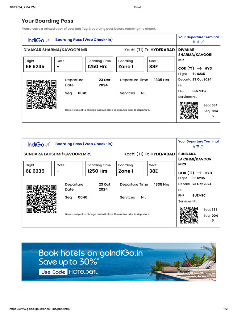 KOCHI - HYD BOARDING PASS | PDF | Aviation