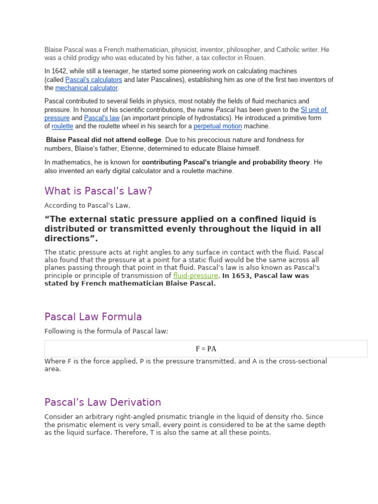 Blaise Pascal Was A French Mathematician | PDF | Pressure | Mechanical ...