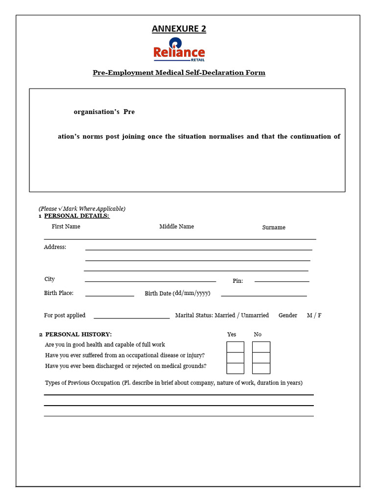 Medical Form - Self Declaration Format | PDF | Chronic Condition ...