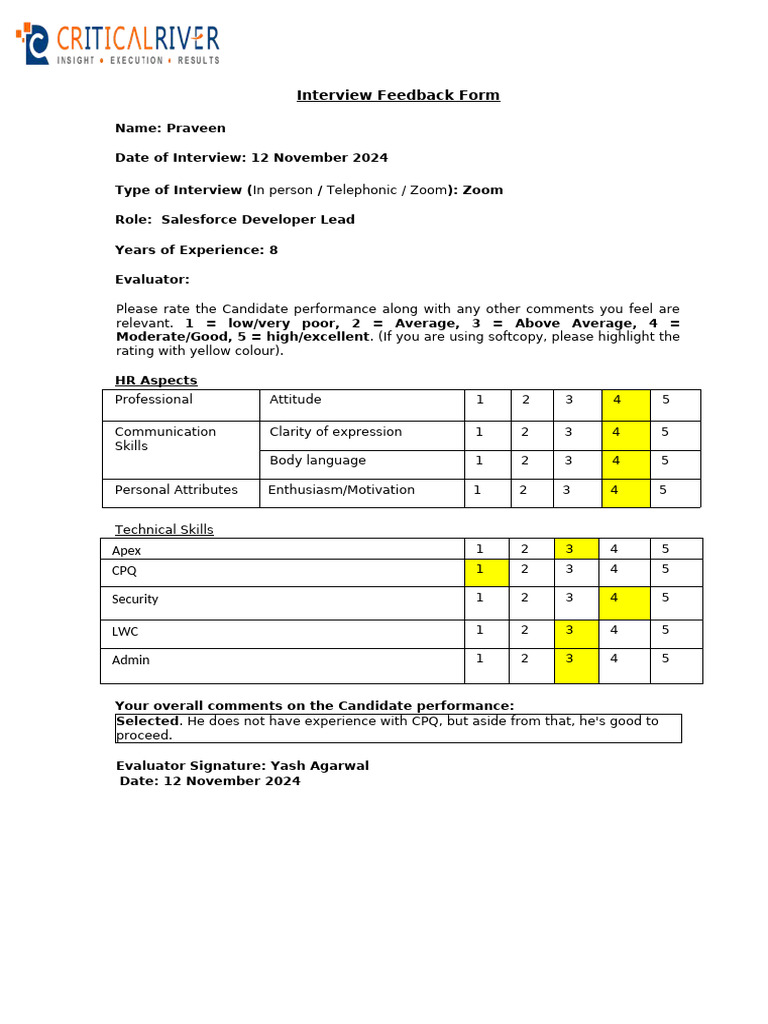 Interview Feedback for Salesforce Lead | PDF | Career & Growth