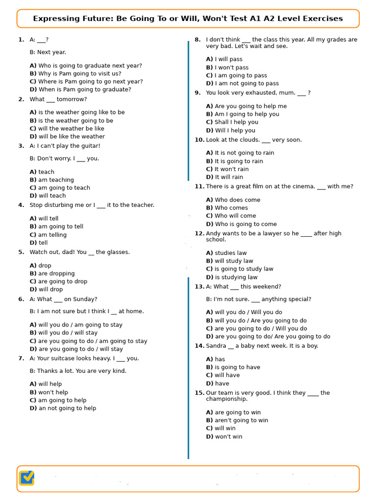 Future Tense Quiz: A1-A2 Level | PDF