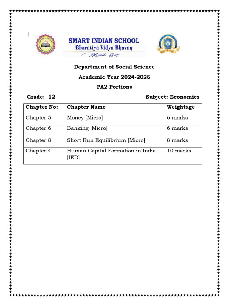 PA2 Portions (2024-25) - Grade 12 - Economics - SIS | PDF