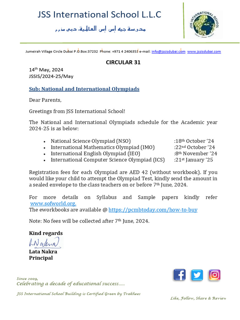 Circular 31 - National & International Olympiad | PDF