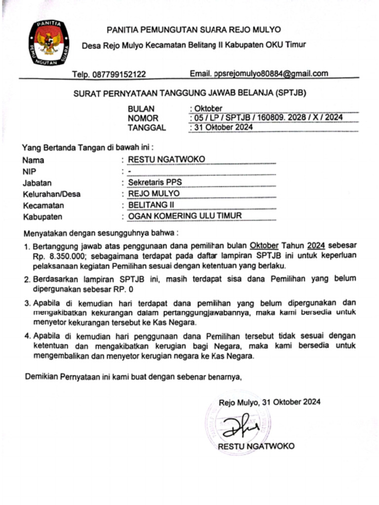 Rejo Mulyo SPTJB Okt | PDF