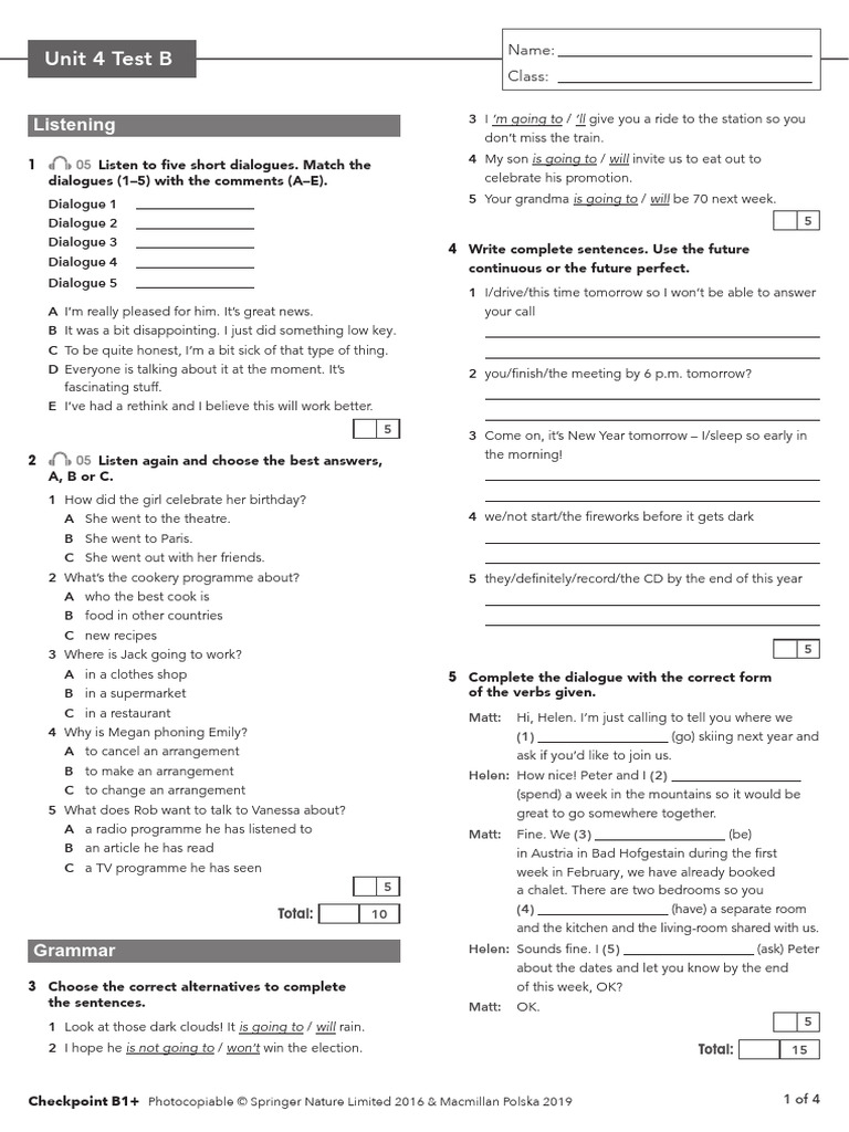 Checkpoint B1+ Unit 4 Test B | PDF | Restaurants | Waiting Staff