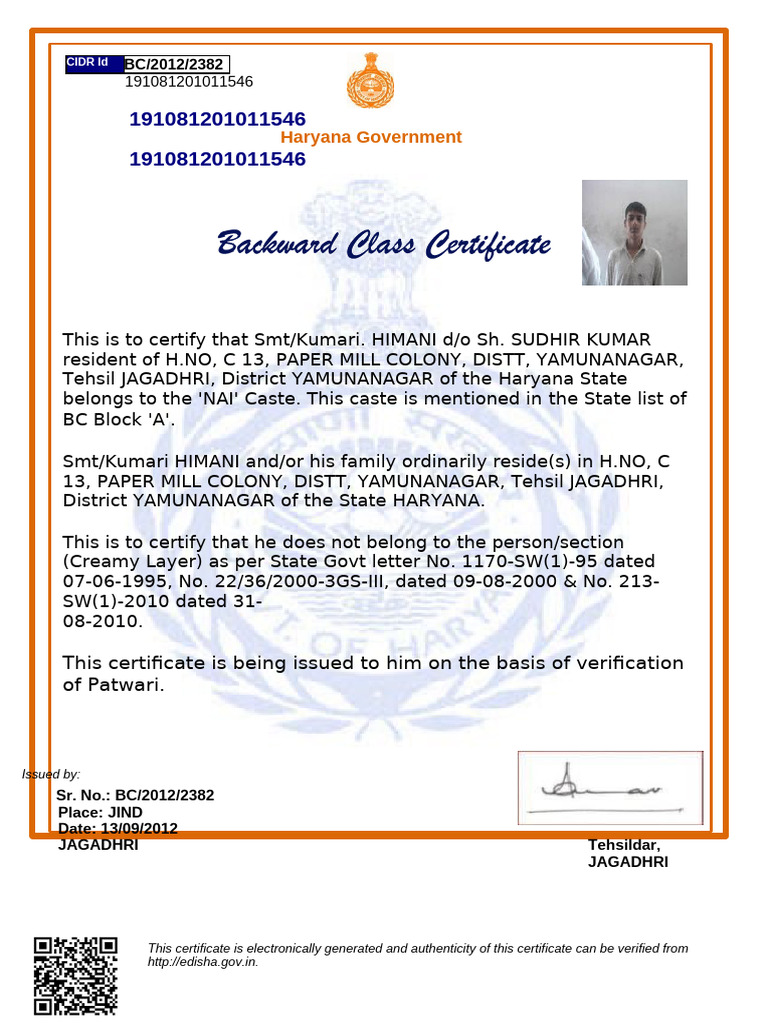 Haryana NAI Caste Certificate | PDF
