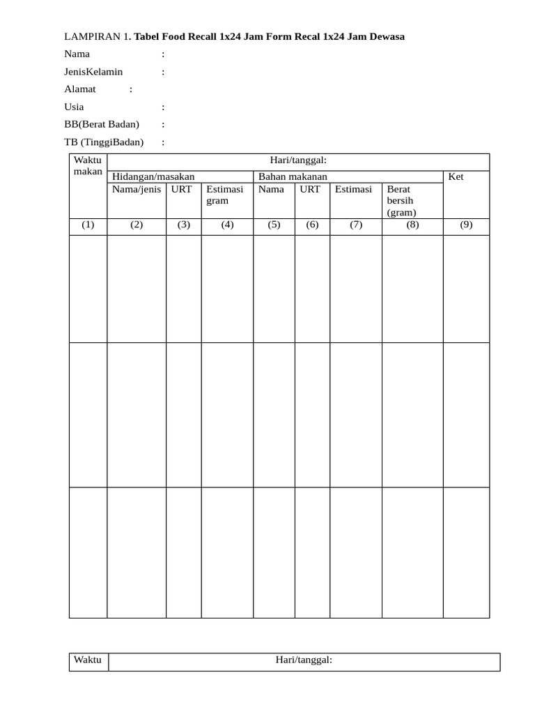 Tabel Food Recall 1x24 Jam Form Recal 1x24 Jam Dewasa | PDF