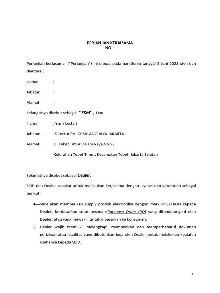 Contoh Draf Perjanjian Kerja Sama | PDF