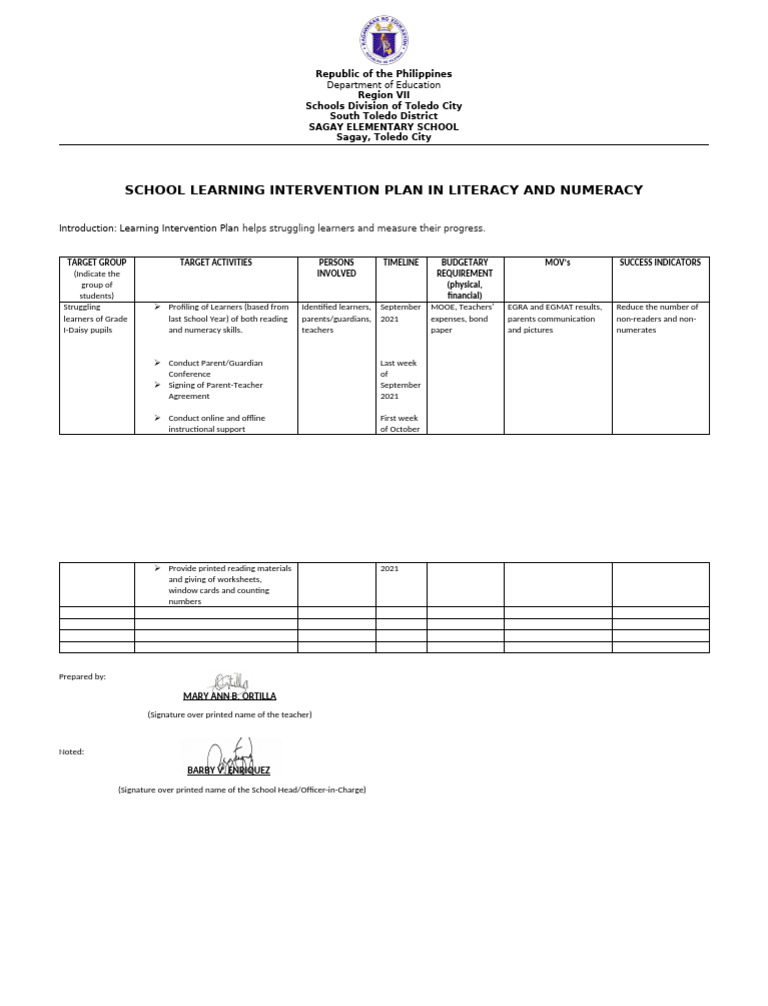 Literacy and Numeracy Intervention Plan | PDF | Education Theory ...
