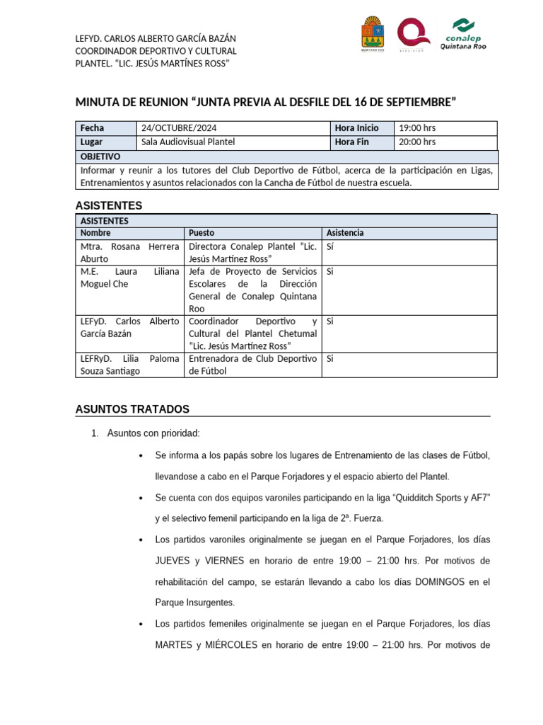 Minuta Junta Junta Fútbol 24 Oct 2024 | PDF