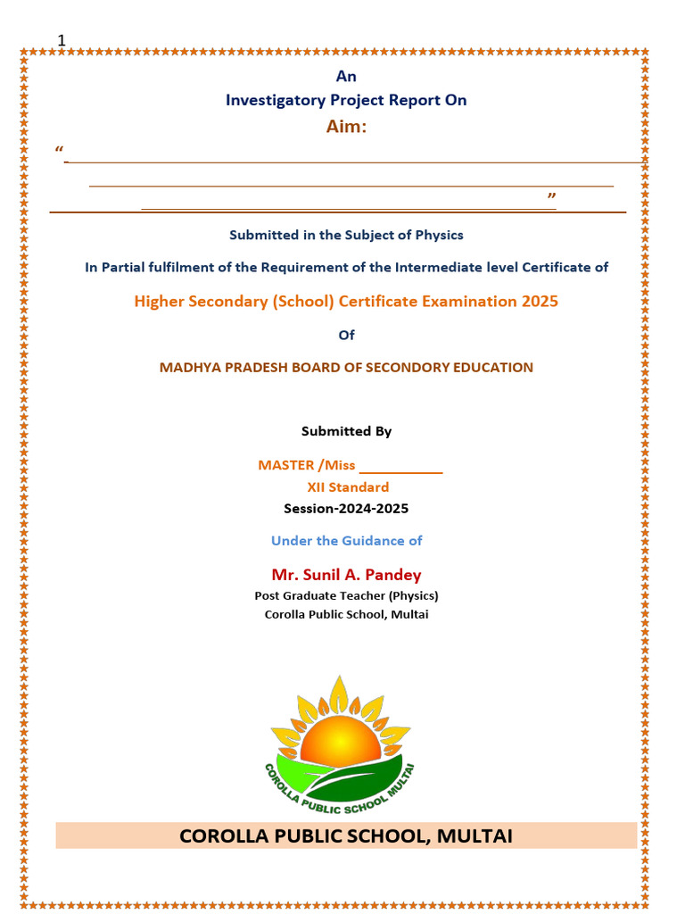MPBSE Physics Project Initial Page Format Editable 2025 - 1 | PDF